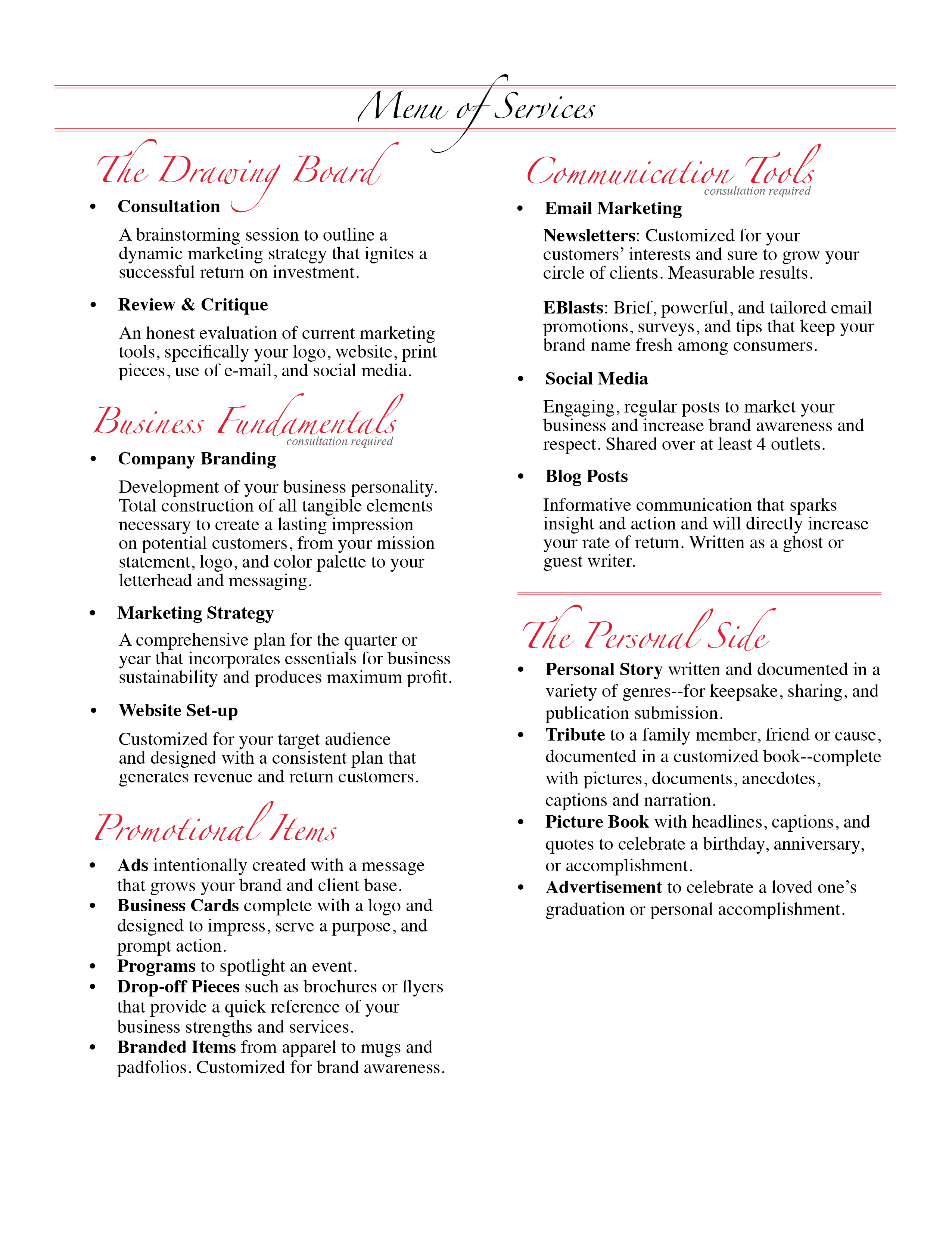 The Menu of Services – Living My Story